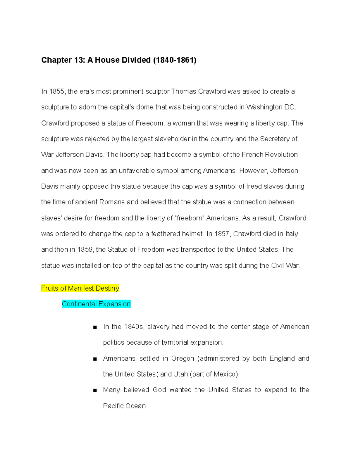 Chapter 13 History Notes - Chapter 13: A House Divided (1840-1861) In ...