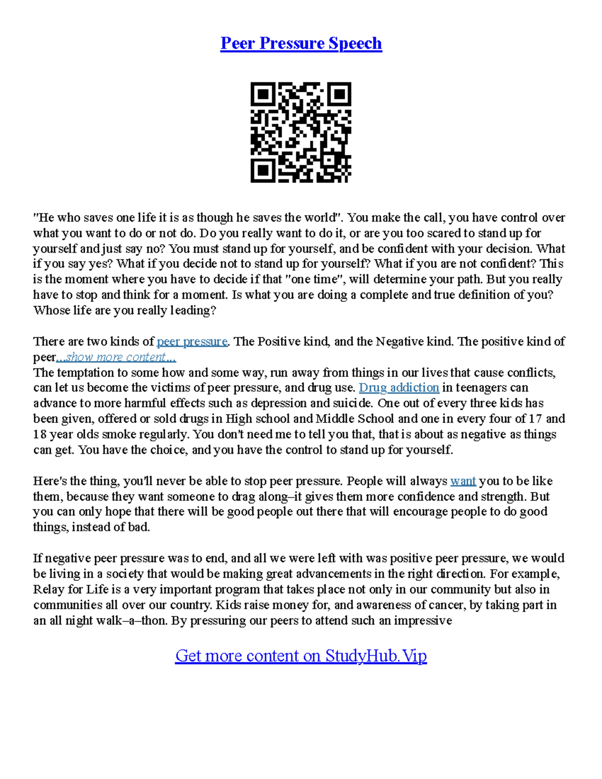 How To Write A Speech Essay - Peer Pressure Speech "He who saves one ...