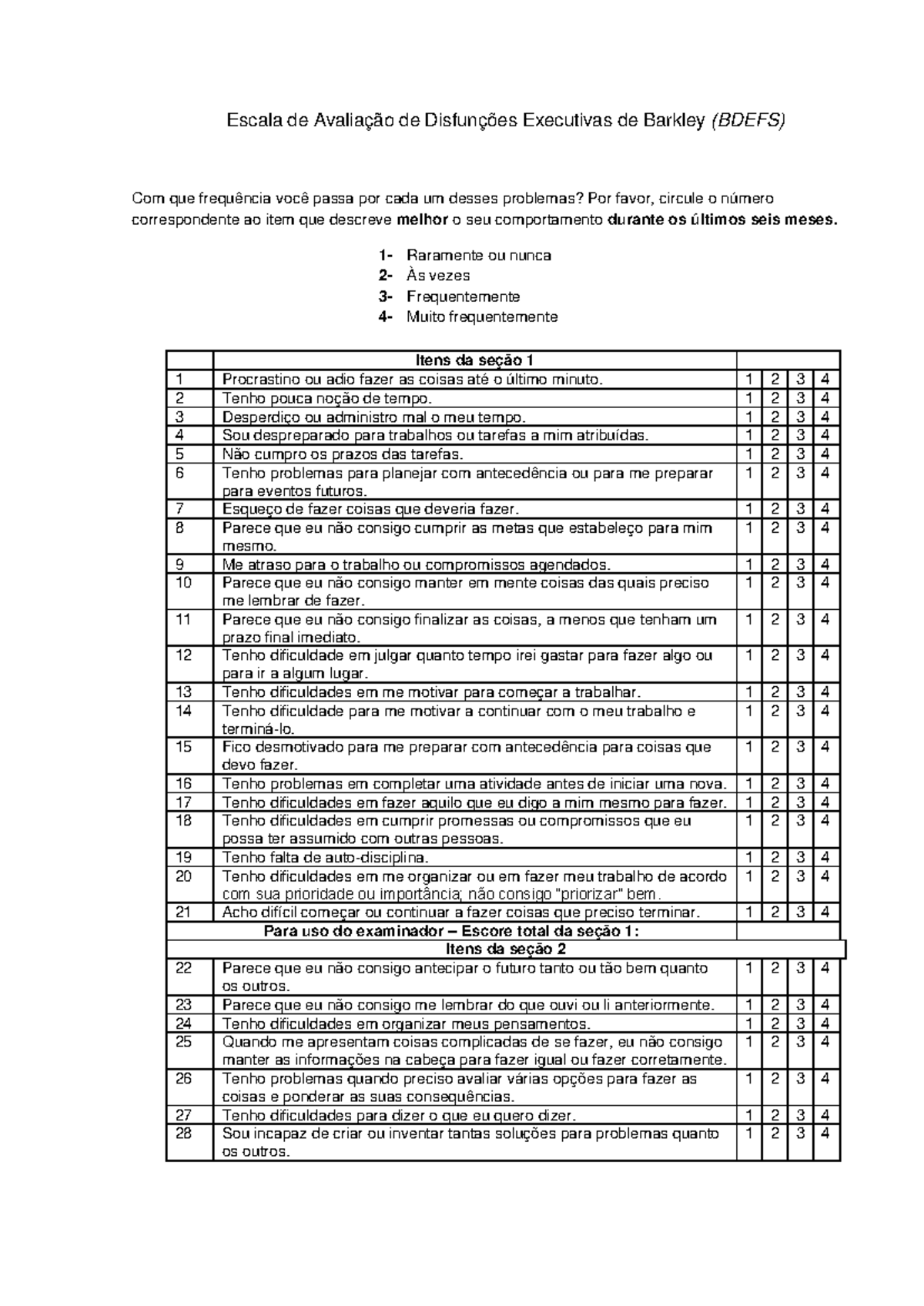 Bdefs Escala de Avaliacao de Disfuncoes Executivas de Barkley e Pilares ...