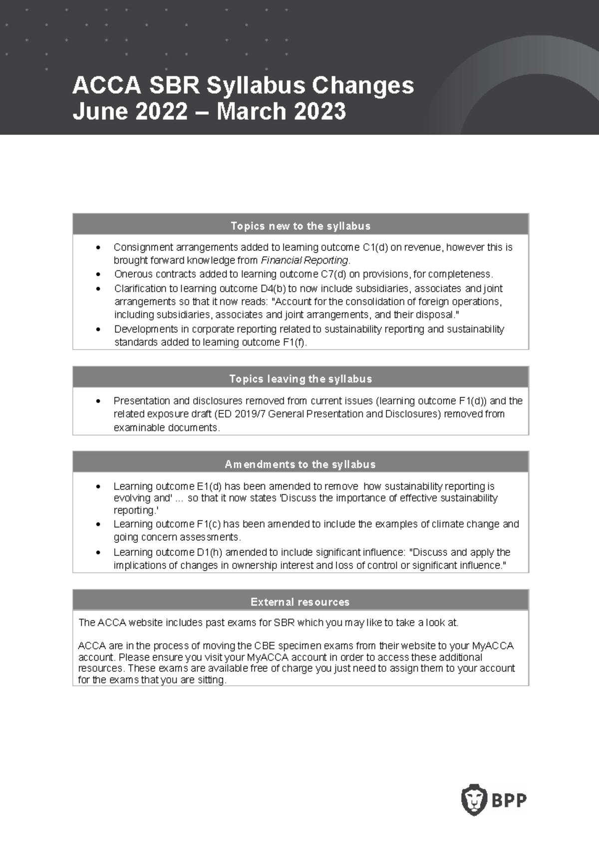 Sbr syllabus changes 2022-23 - ACCA SBR Syllabus Changes June 2022 – March 2023 Topics new to ...