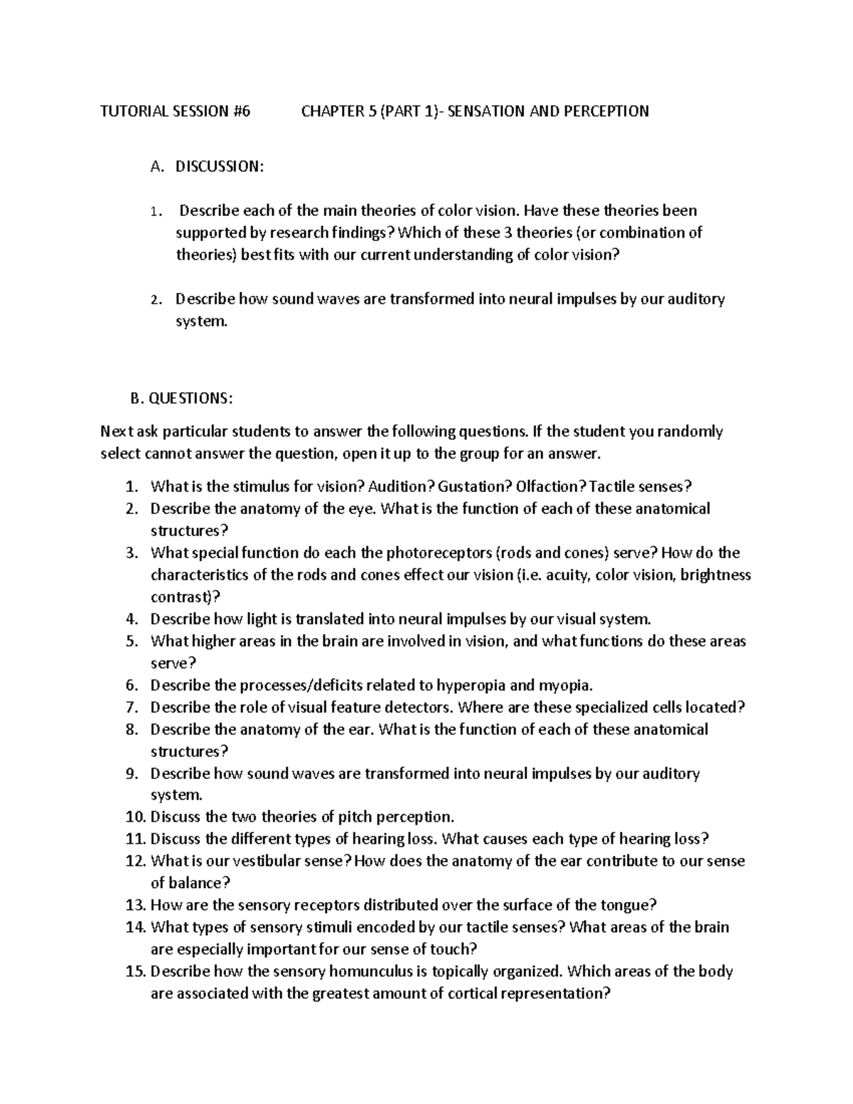 Psychology Tutorial 6 Questions - PSYCH1000 - UWO - Studocu