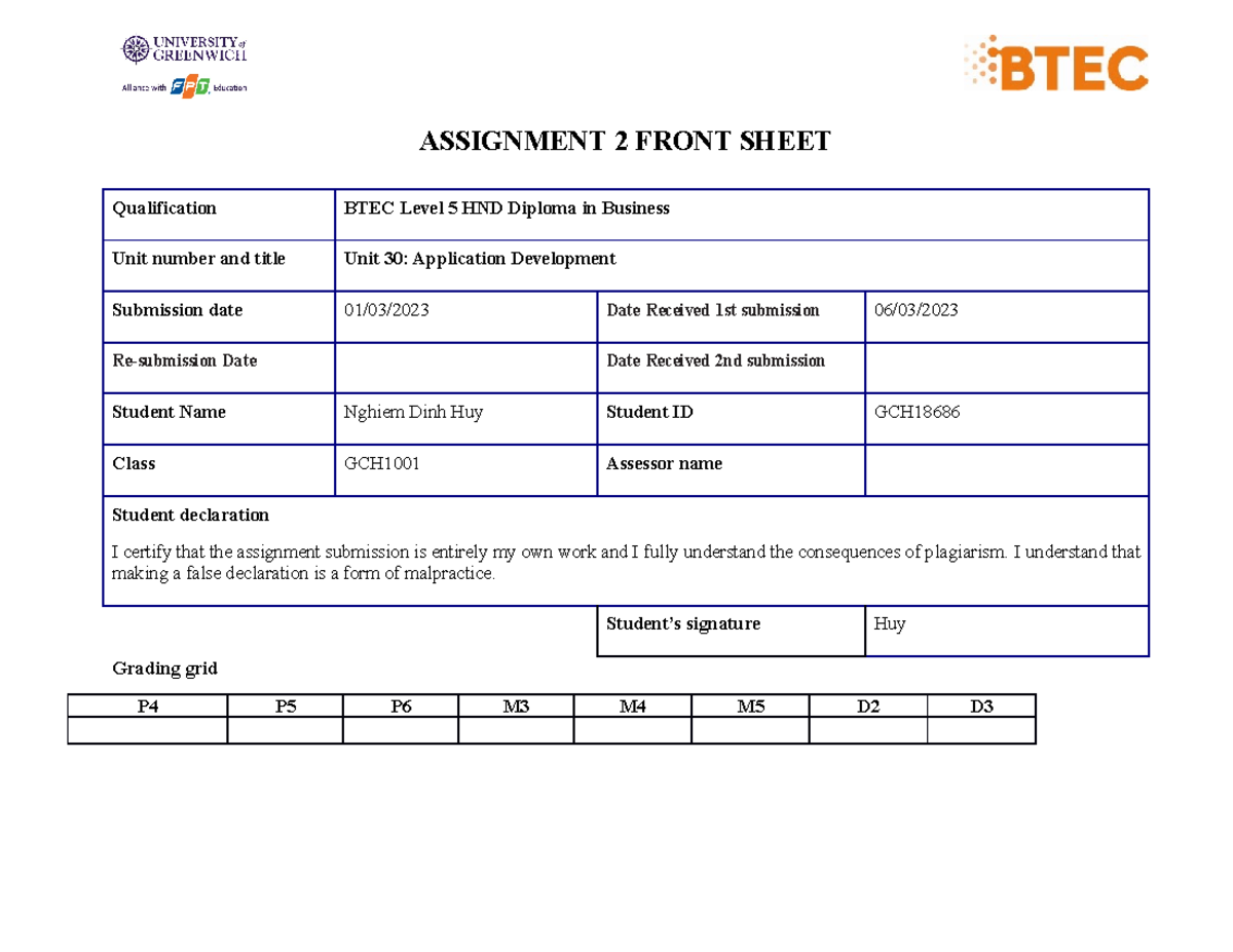 A2-1670-Huy - asm2 - ASSIGNMENT 2 FRONT SHEET Qualification BTEC Level 5 HND Diploma in Business ...
