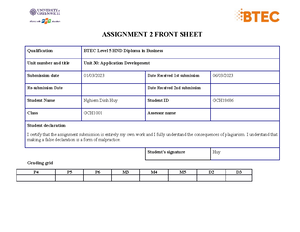 1 43-Io T.Assignment 2 frontsheet 2021 - ASSIGNMENT 2 FRONT SHEET Qualification TEC Level 5 HND ...