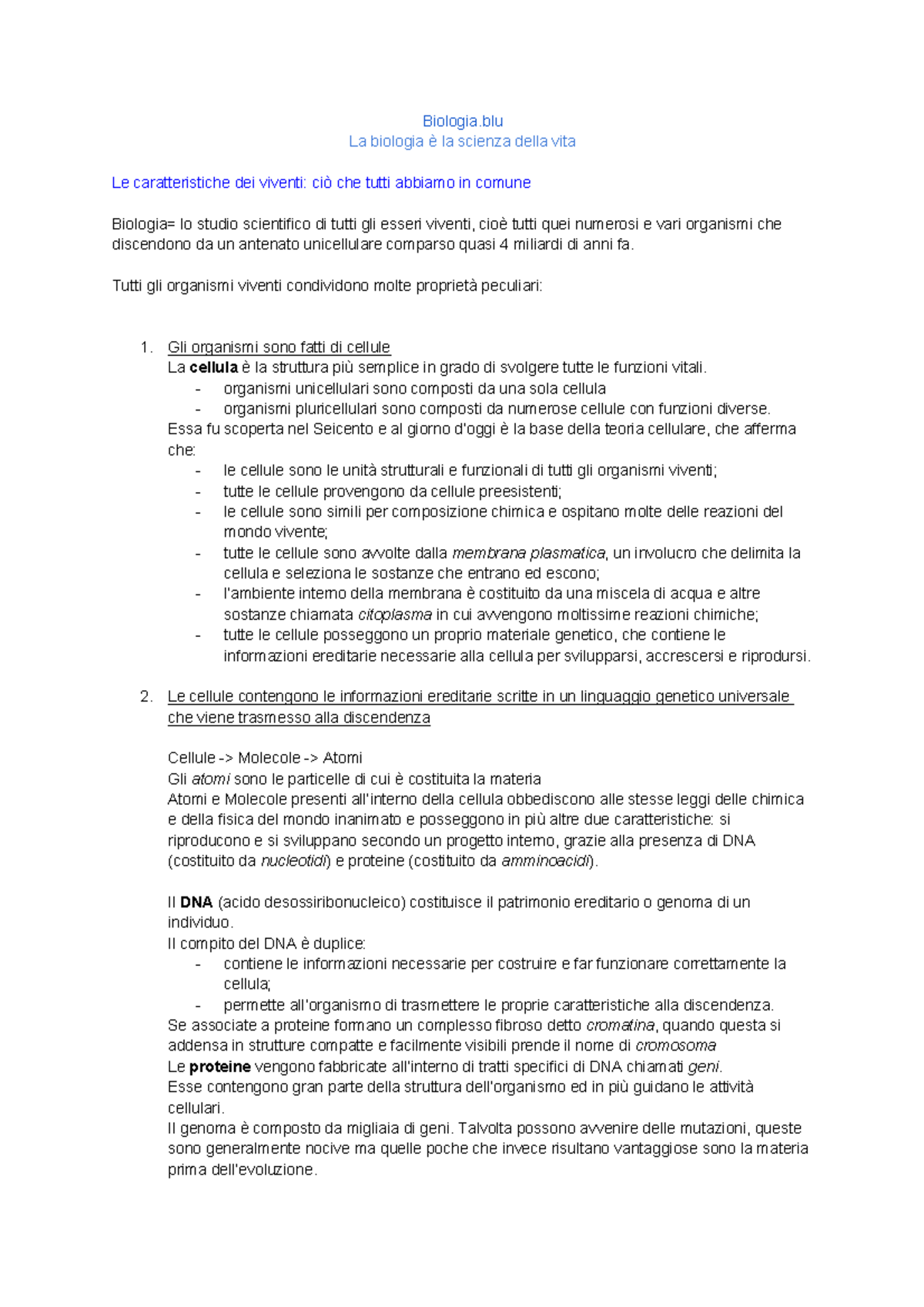 Biologia - Appunti sui capitoli 1 (paragrafi 1-10); 6 (paragrafi 6, 8 ...