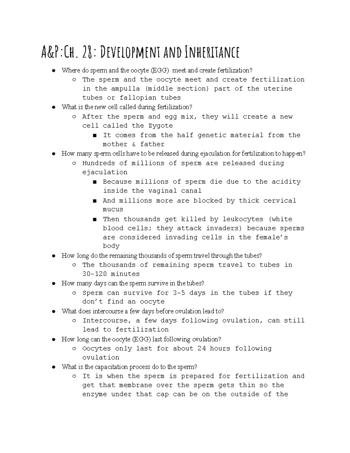 Aand P 2 - study notes - A&P:Ch. 28: Development and Inheritance Where ...