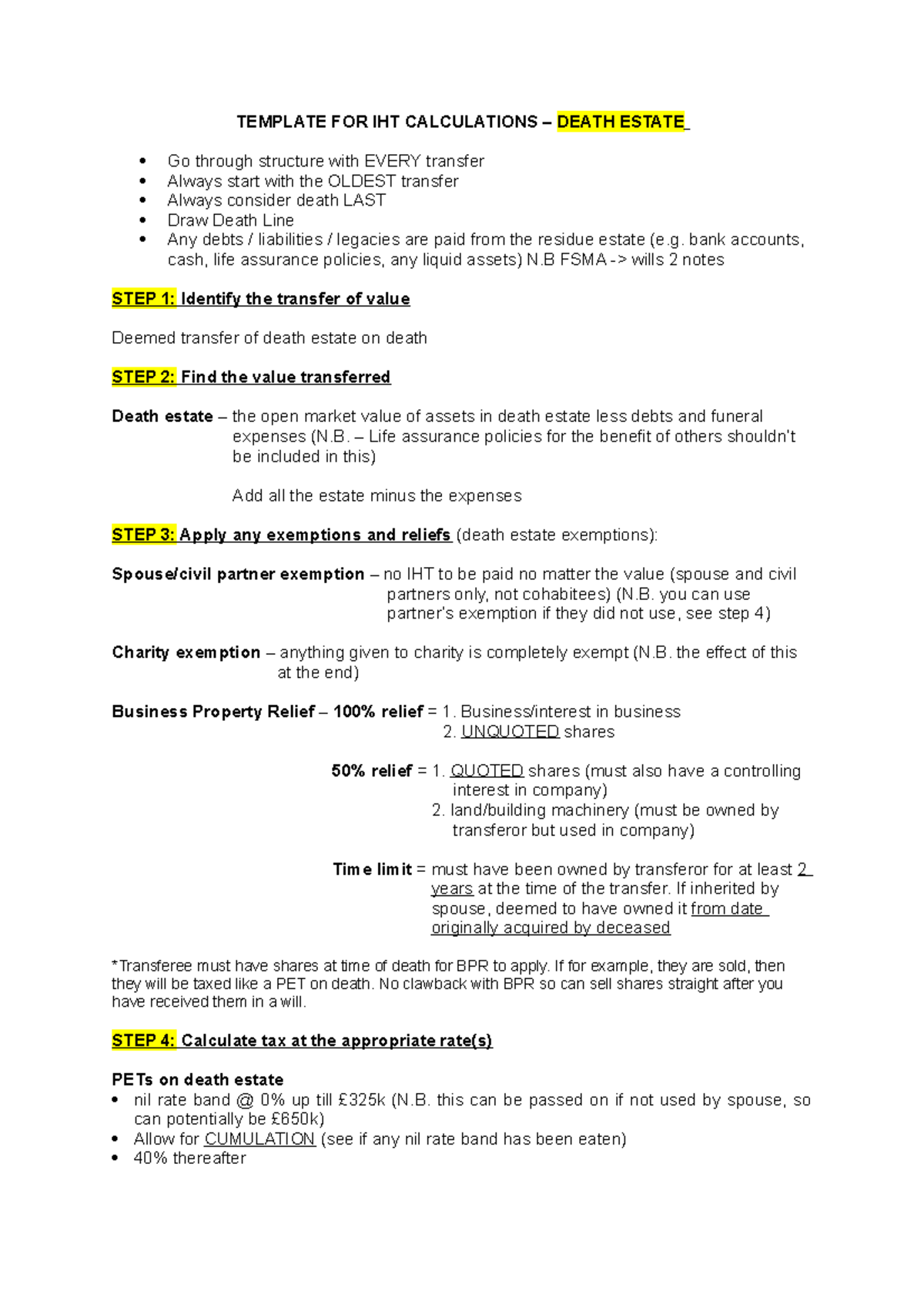 Template/ Structure for Death Estate - IHT - TEMPLATE FOR IHT ...