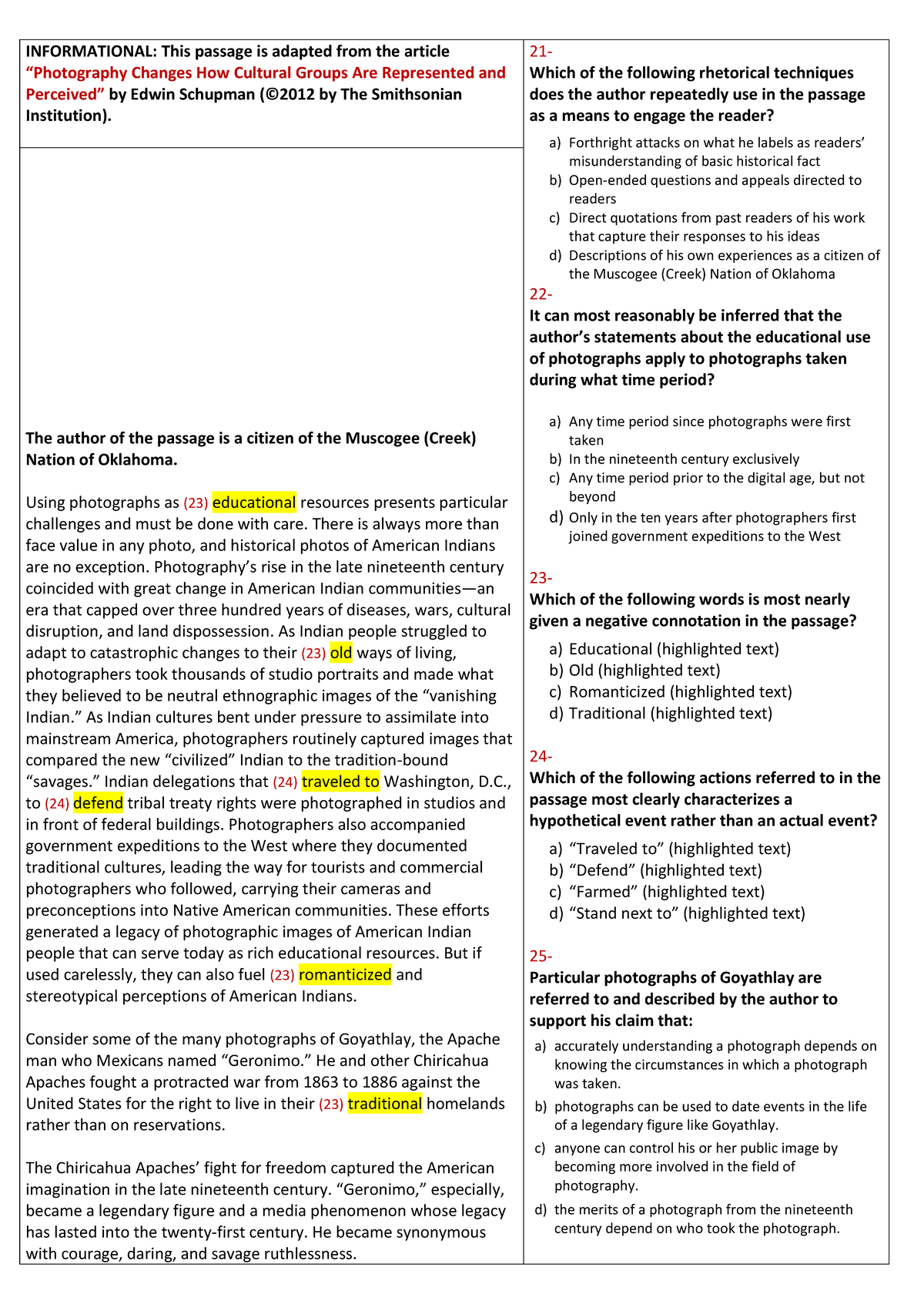Photography Changes - ACT READING - INFORMATIONAL: This passage is ...