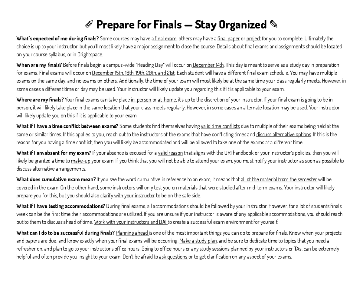 CSV302 Finals Prep Handout - Prepare for Finals — Stay Organized What’s ...