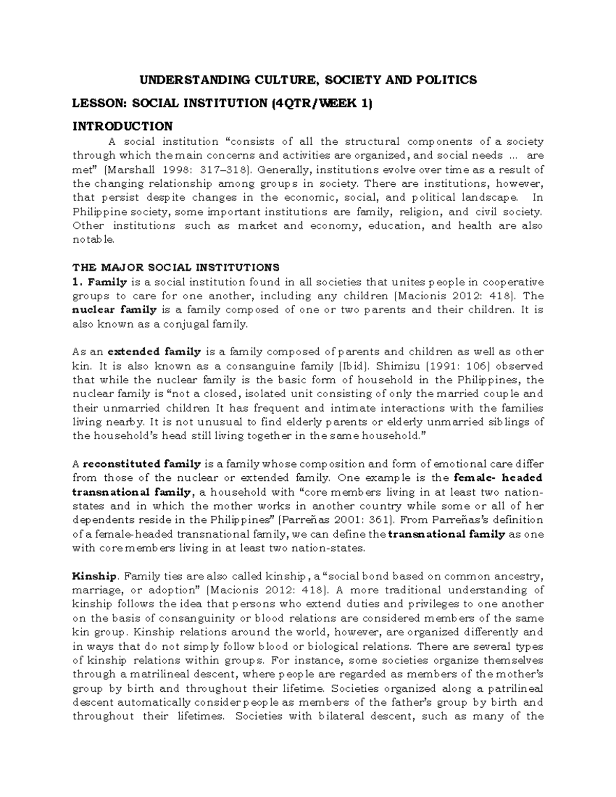 Wk 1 Lesson social institution - UNDERSTANDING CULTURE, SOCIETY AND ...