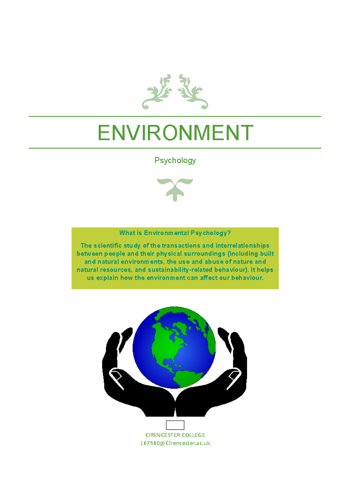 Environmental - Lecture notes 1-20 - ENVIRONMENT Psychology CIRENCESTER ...