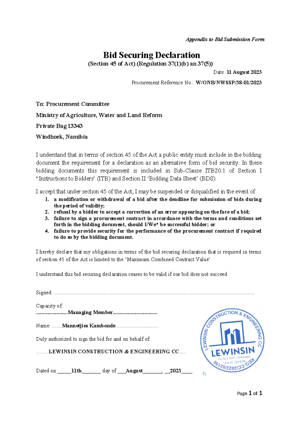 LCE CC Bid Securing Declaration - Appendix to Bid Submission Form Bid ...