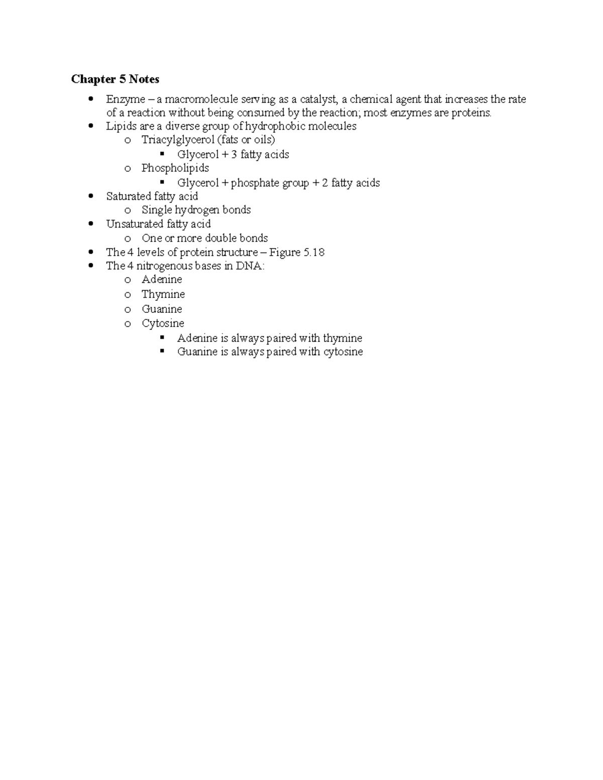 Chapter 5 Notes - Biology 1441 - Chapter 5 Notes Enzyme – a ...