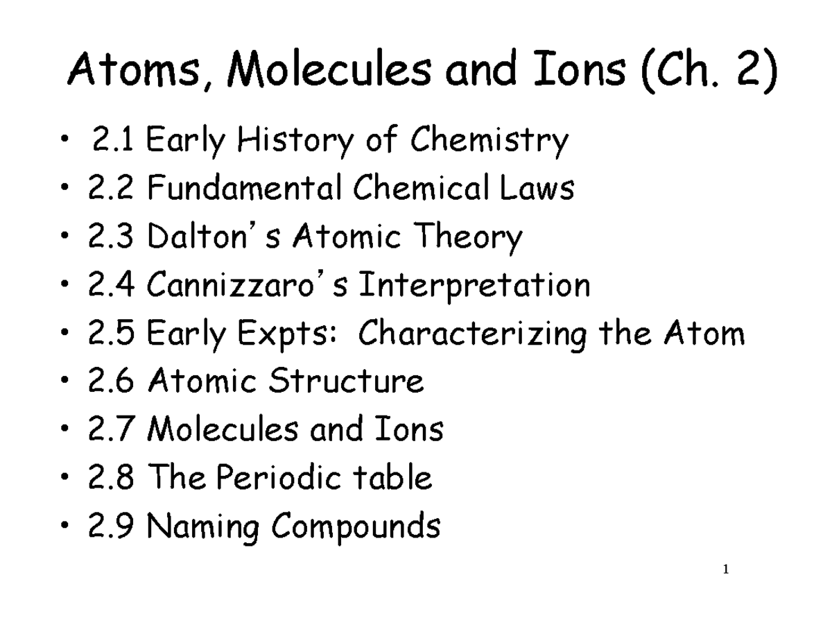 C2 Notes - Atoms, Molecules and Ions (Ch. 2) • 2 Early History of ...