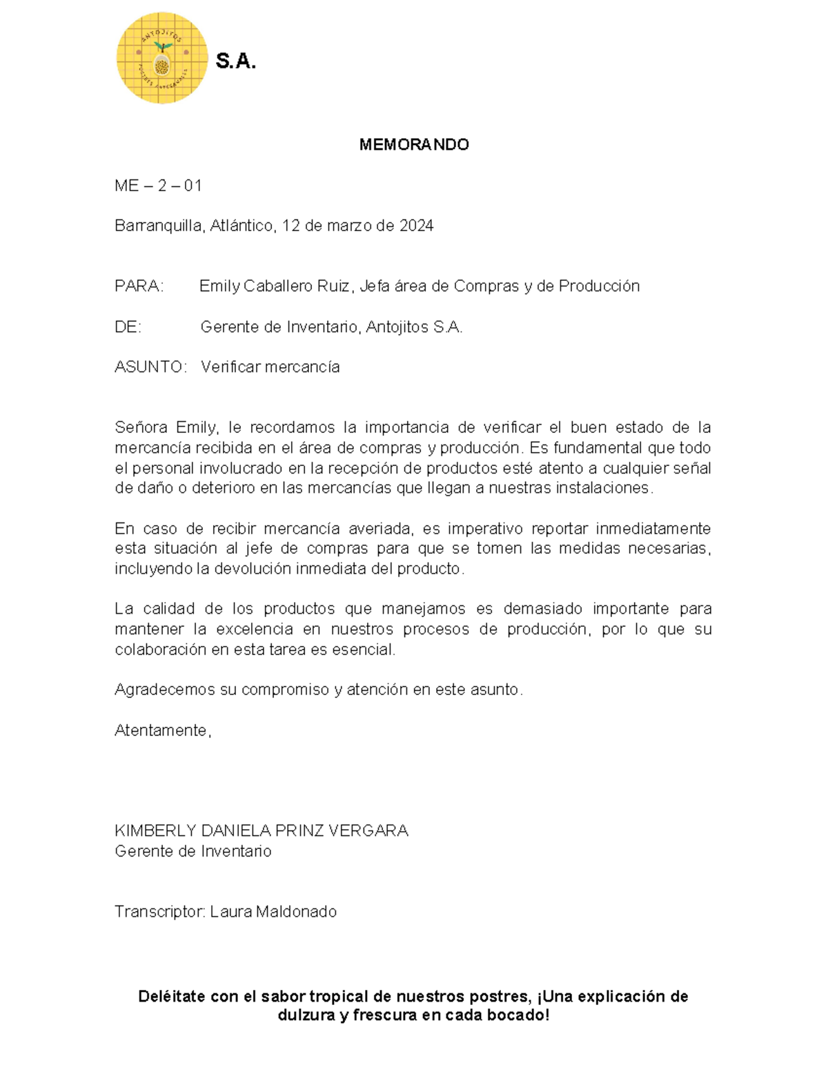 Memorando Informativo - Antojitos S. MEMORANDO ME – 2 – 01 Barranquilla ...