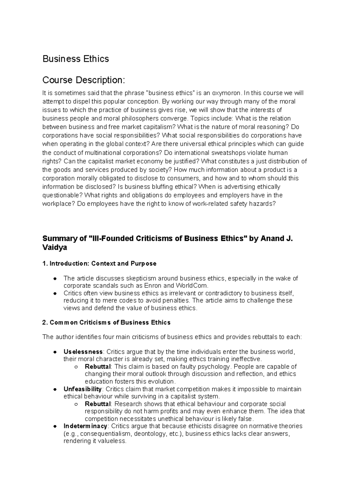 Week 1 - readings summary and notes - Business Ethics Course ...