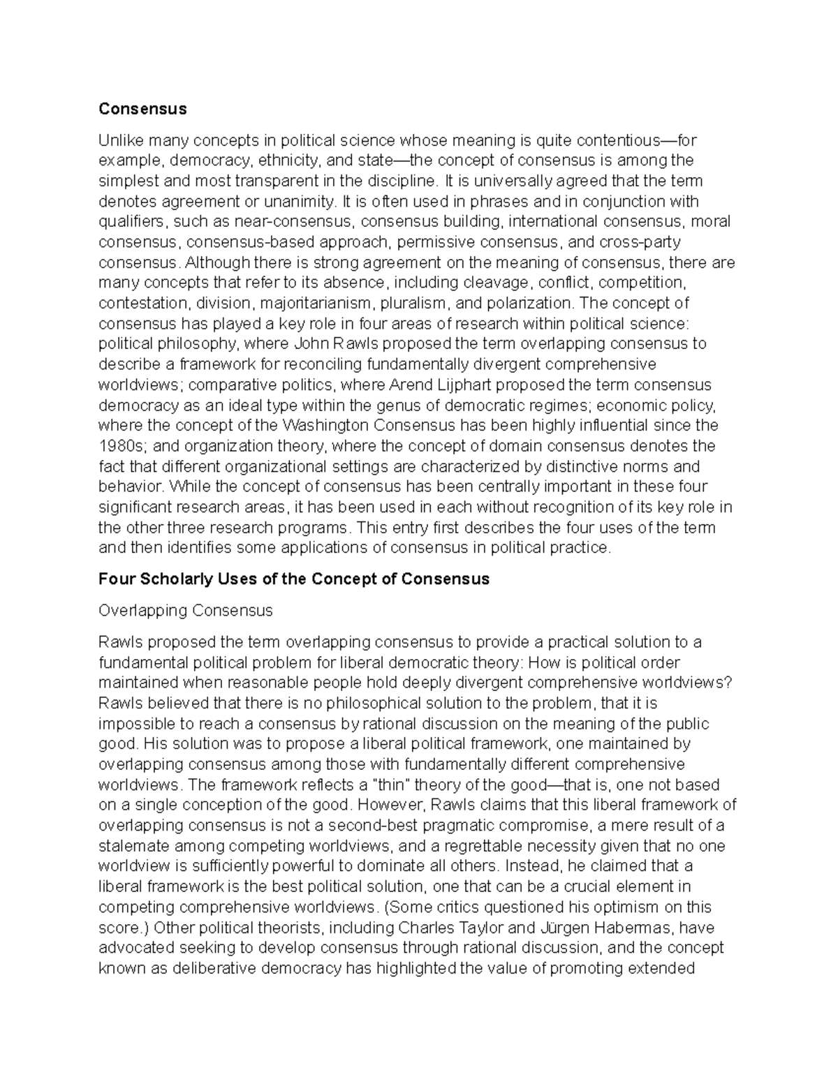 Consensus - Consensus Unlike many concepts in political science whose ...