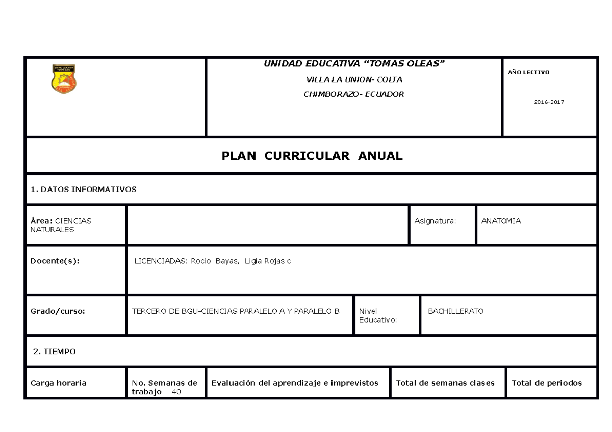 Plan anual de anatomia optativa 2 tercero bachillerato paralelo b ...