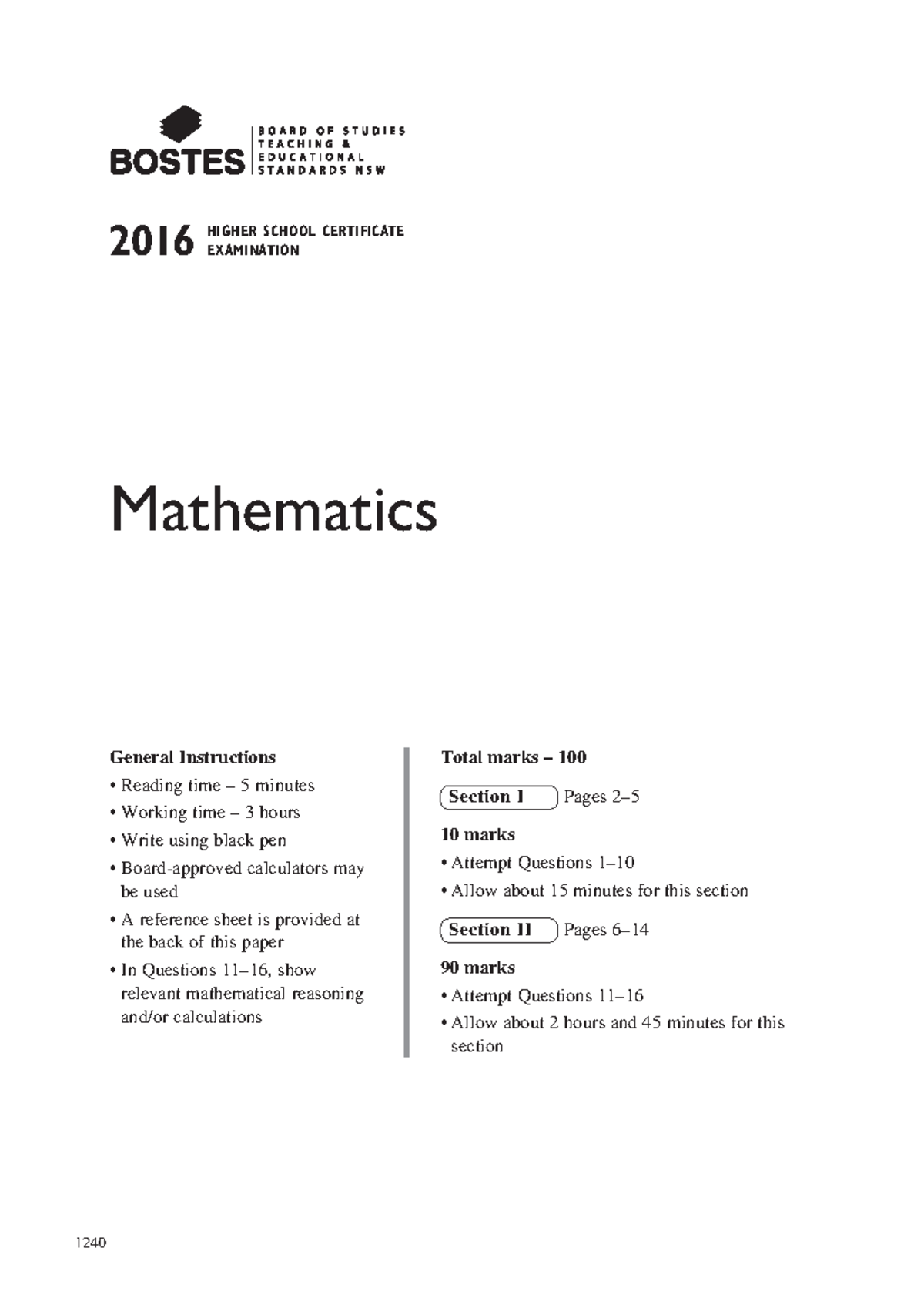 Maths 2016 HSC - hsc - 2016 HIGHER SCHOOL CERTIFICATE EXAMINATION 1240 ...