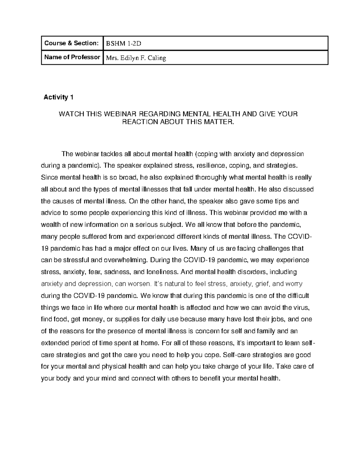 Cwts activity 1 - note - Course & Section: BSHM 1-2D Name of Professor ...