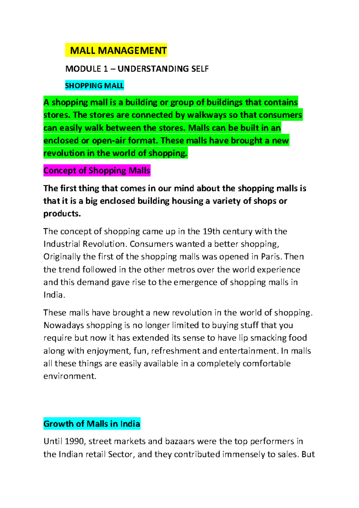 MALL MANAGEMENT 1 - MALL MANAGEMENT MODULE 1 – UNDERSTANDING SELF ...