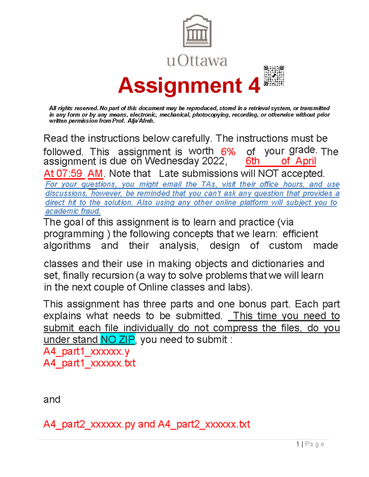 A4 2022 - assigmnet notes - Assignment 4 All rights reserved. No part ...