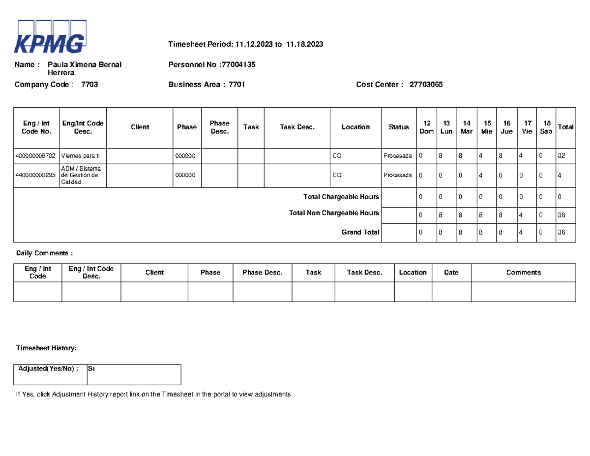 Horas noviembre 17 - Name : Personnel No : Timesheet Period: Company ...