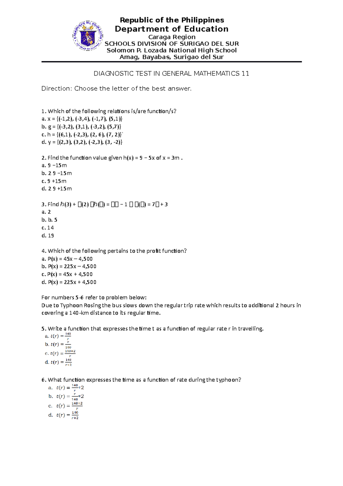Diag Gen Math - Diagnotic Test in Gen Math - Republic of the ...