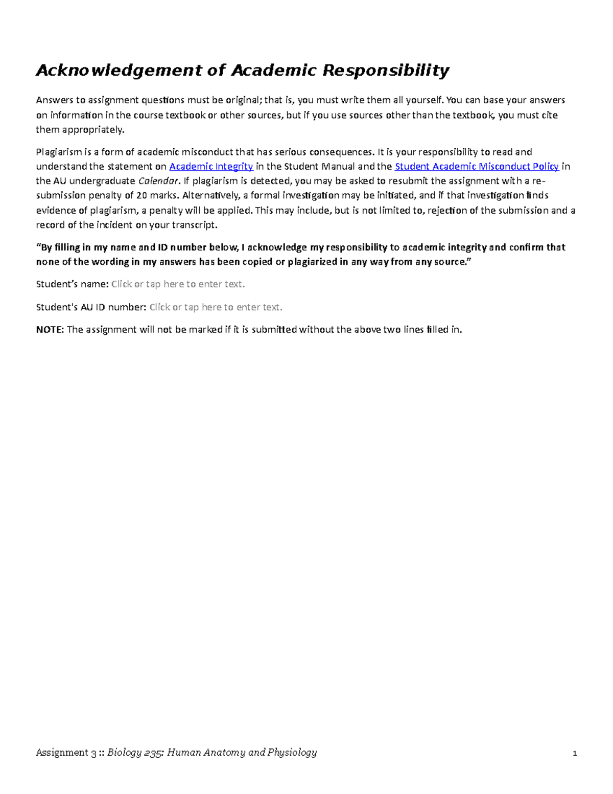 third Assignment of biology - Acknowledgement of Academic ...