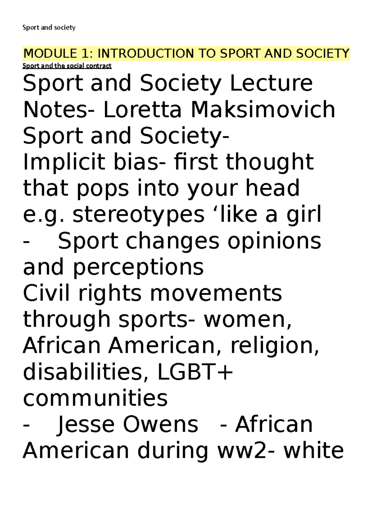 Sport and society lecture notes - Sport and society MODULE 1 ...