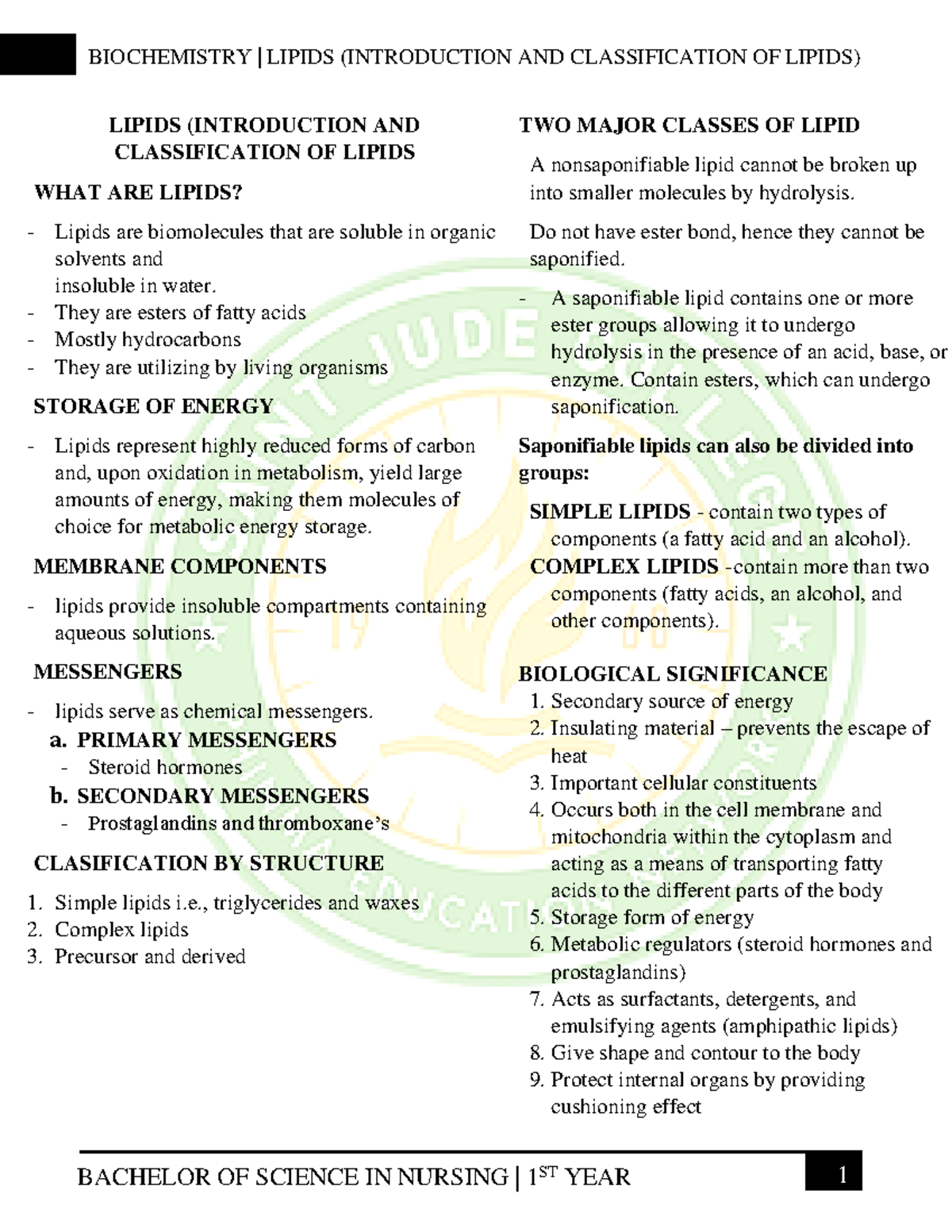 Lipids ( Reviewer) - nursing - 1 LIPIDS (INTRODUCTION AND ...