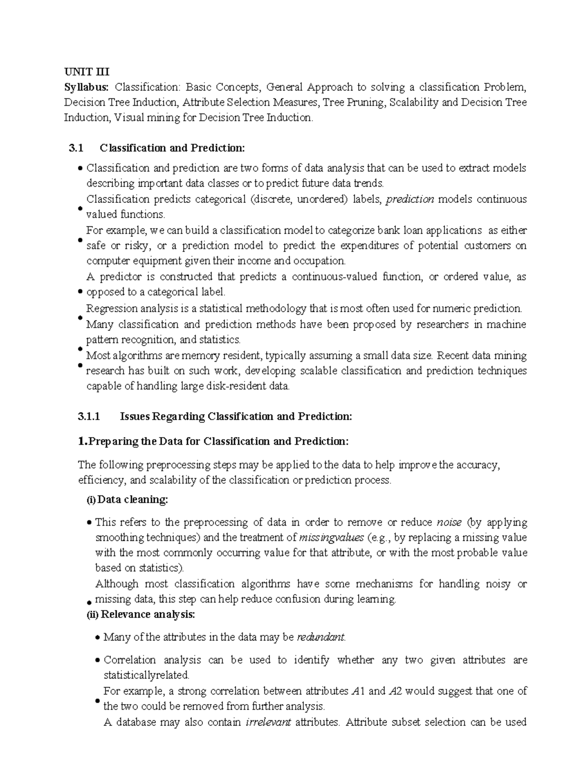 Dmdw Unit 3 R20 Part1 Unit Iii Syllabus Classification Basic Concepts General Approach To