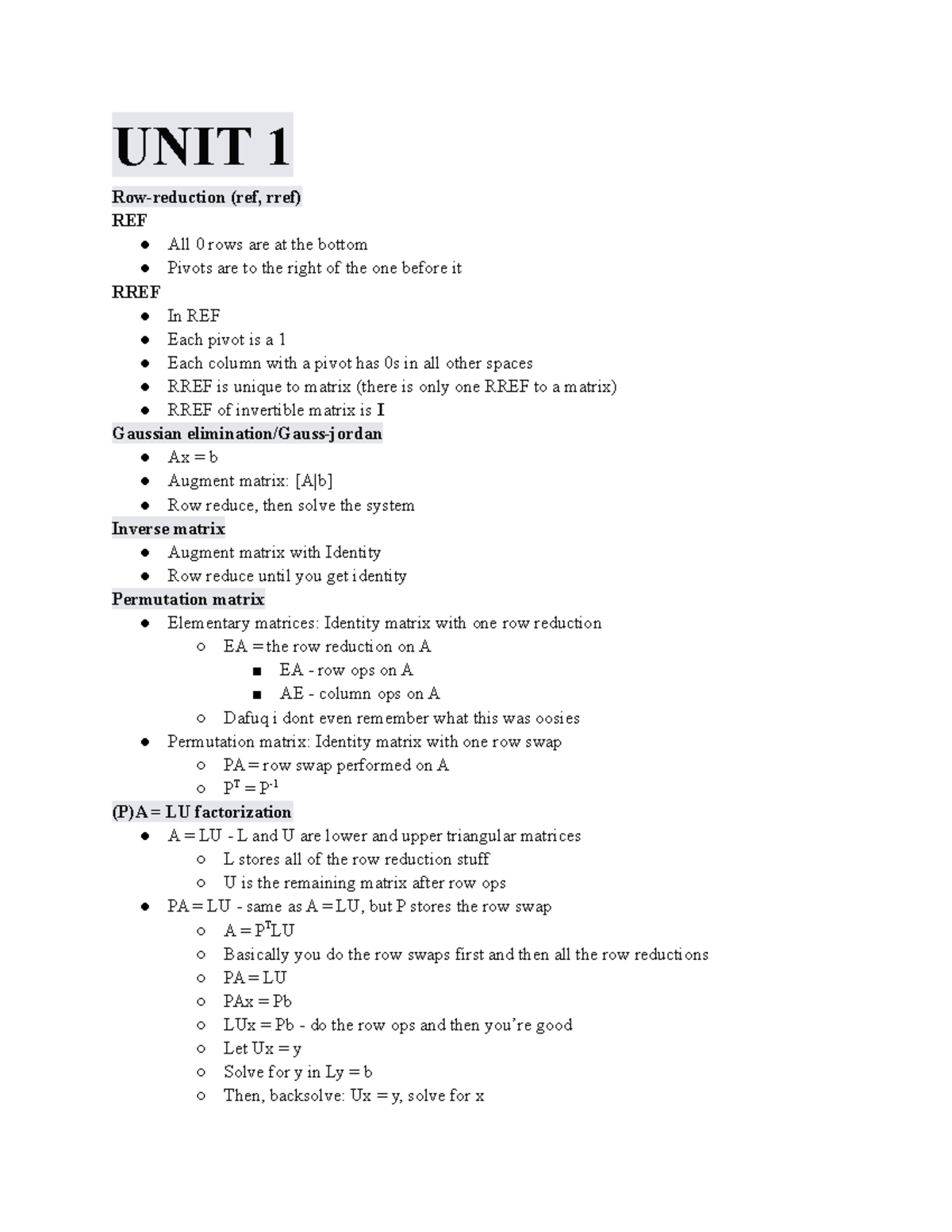 Lin Alg Final - MATH 415 Applied Linear Algebra - UNIT 1 Row-reduction ...