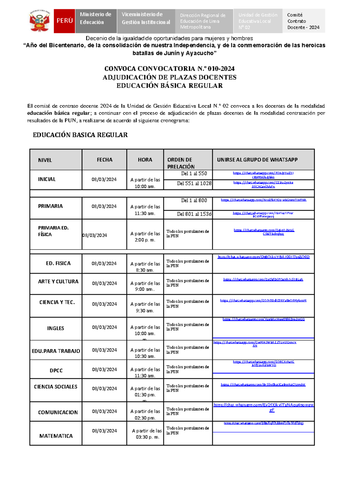 Convocatoria ndeg 010 - 2024 - Ministerio de Educación Viceministerio ...