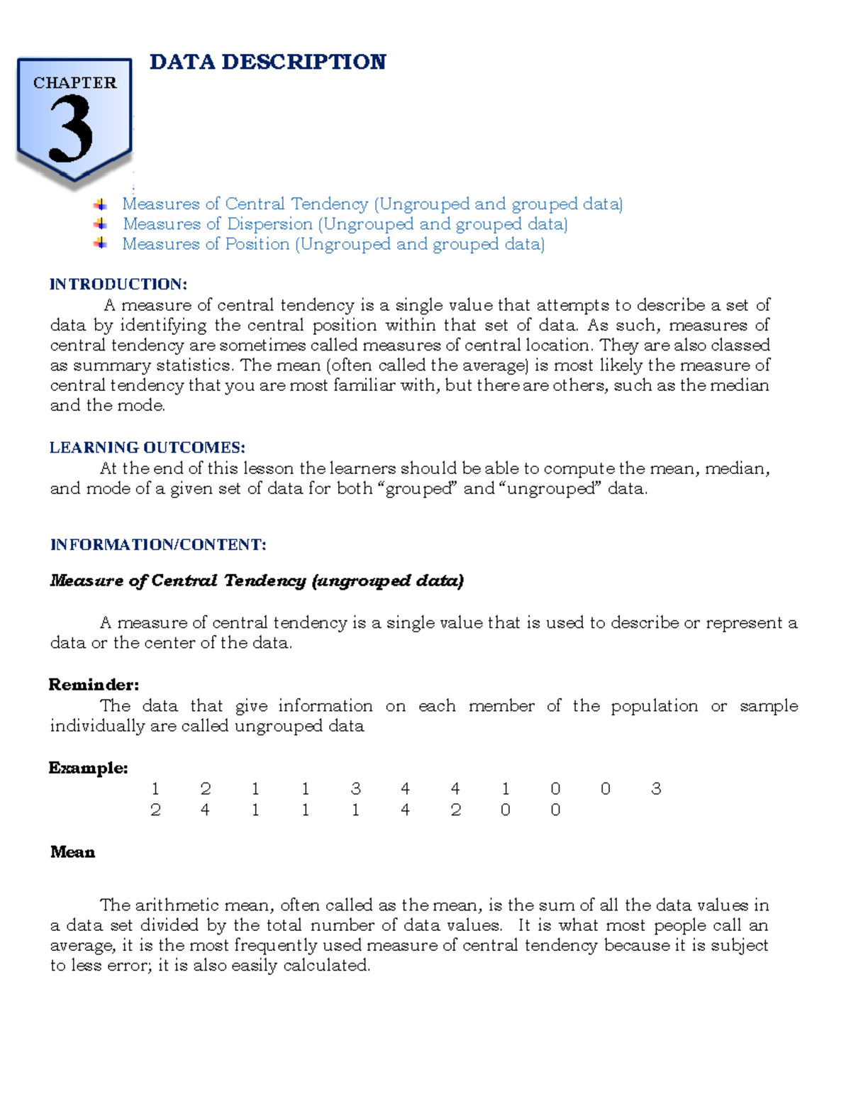 Chapter 3 DATA Description - DATA DESCRIPTION ####### Measures of Central Tendency (Ungrouped ...