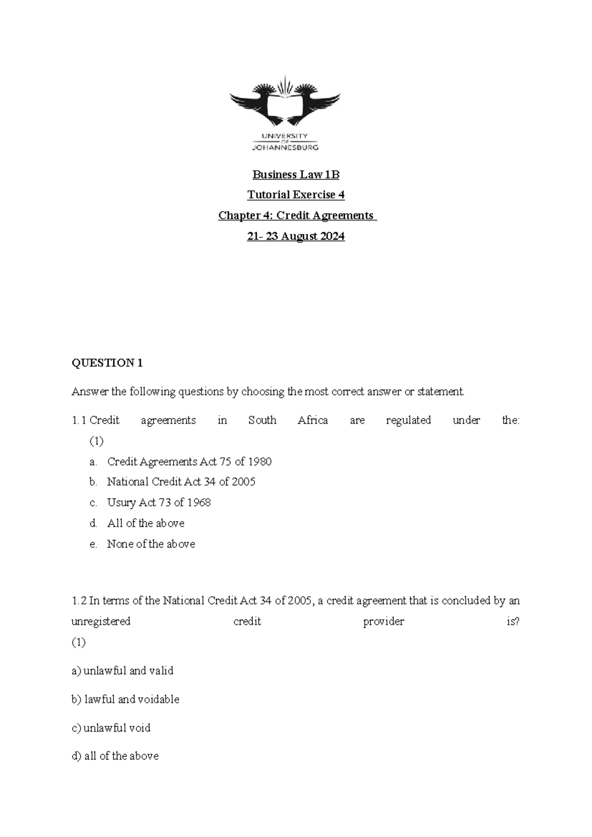 Tutorial Exercise 4 -Credit Agreements docx - Business Law 1B Tutorial Exercise 4 Chapter 4 ...