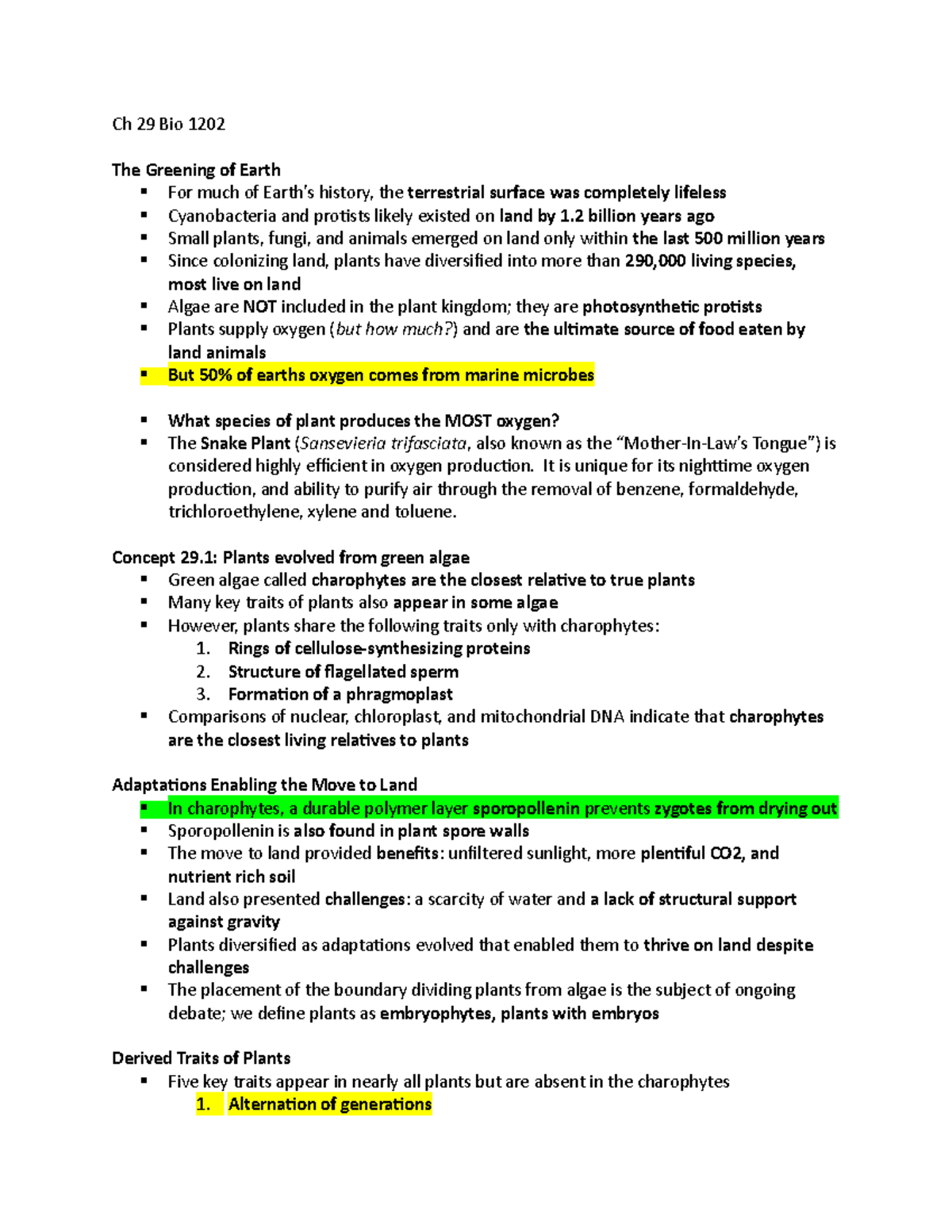 BIOL 1202 ch 29 - Ch 29 Bio 1202 The Greening of Earth § For much of ...
