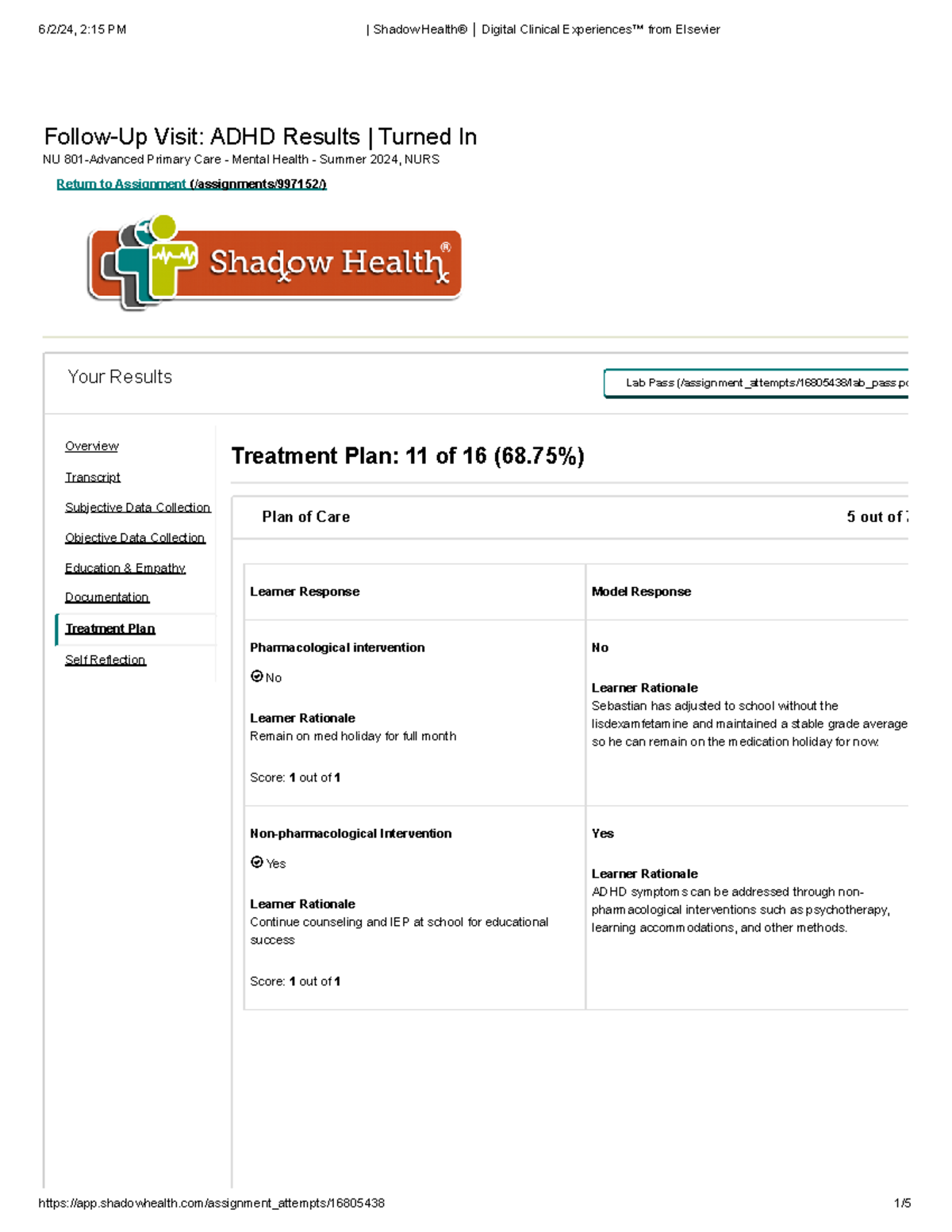 Shadow Health - ADHD-Treat Plan - Follow-Up Visit: ADHD Results ...