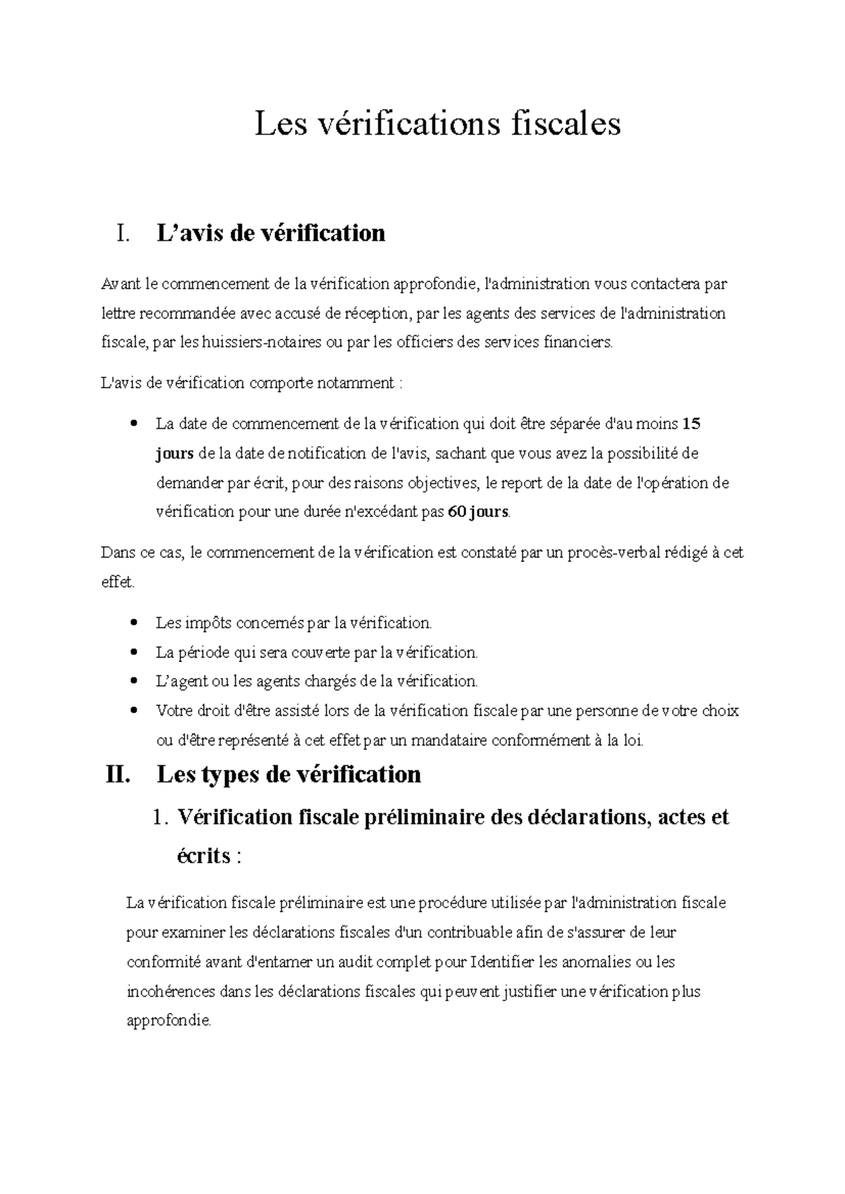 Vérification fiscale - Les vérifications fiscales I. L’avis de vérification Avant le ...