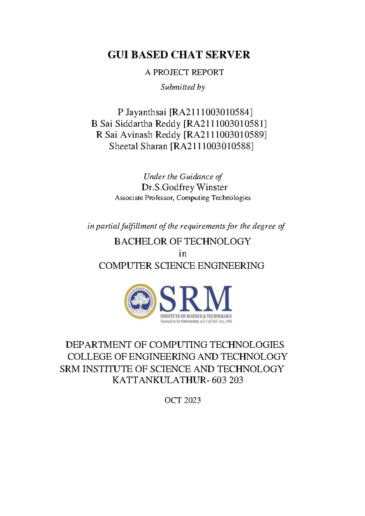 CN project GUI final report - GUI BASED CHAT SERVER A PROJECT REPORT Submitted by P Jayanthsai ...