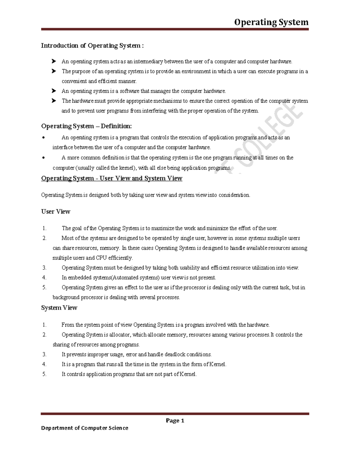 OS UNIT-1 - Introduction of Operating System : An operating system acts as an intermediary ...