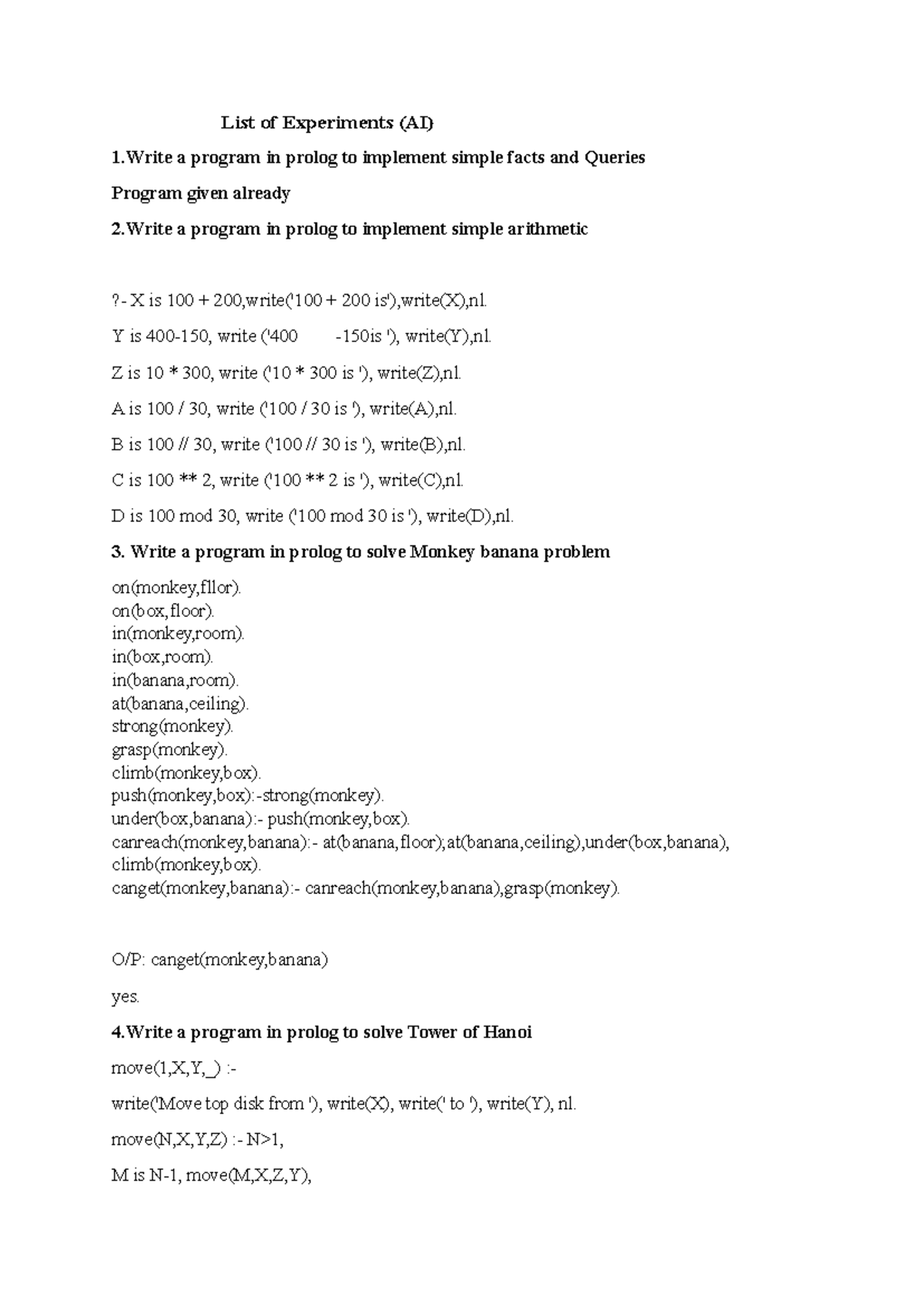 NLP Lab Manual - List of Experiments (AI) 1 a program in prolog to implement simple facts and ...