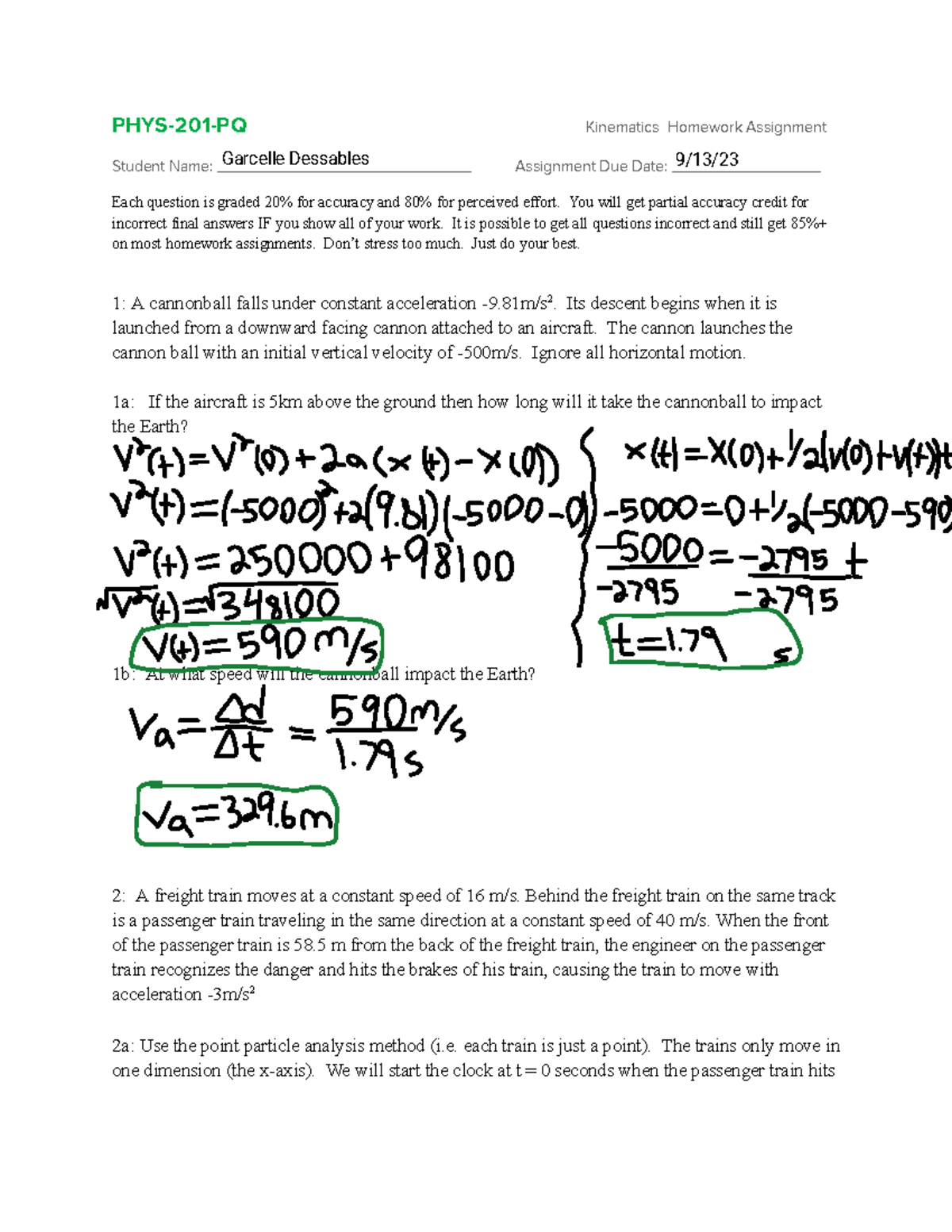PHYS201 Homework Number 2 Kinematics - PHYS-201-PQ Kinematics Homework ...