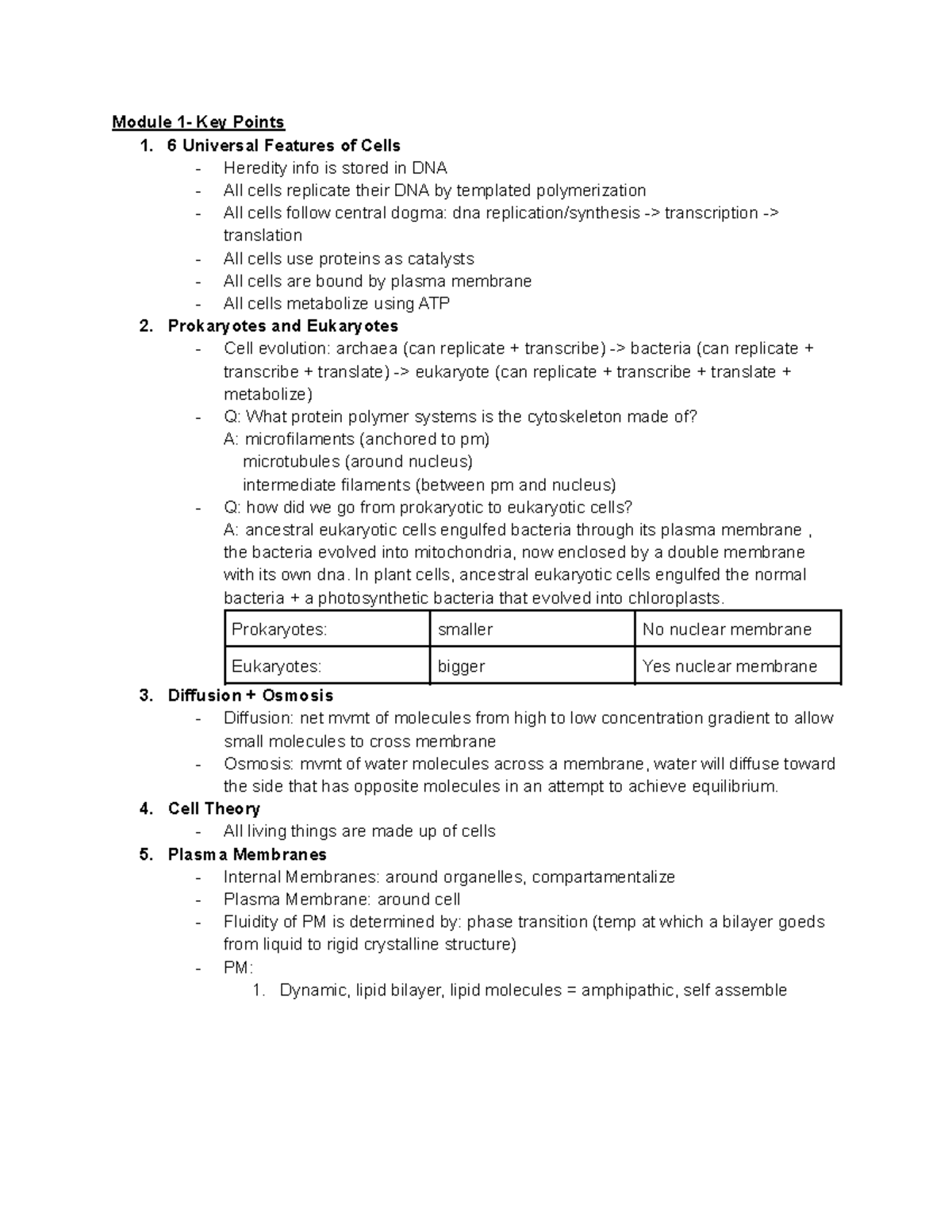 Cell Bio Notes Fall 2021 - Module 1- Key Points 1. 6 Universal Features ...