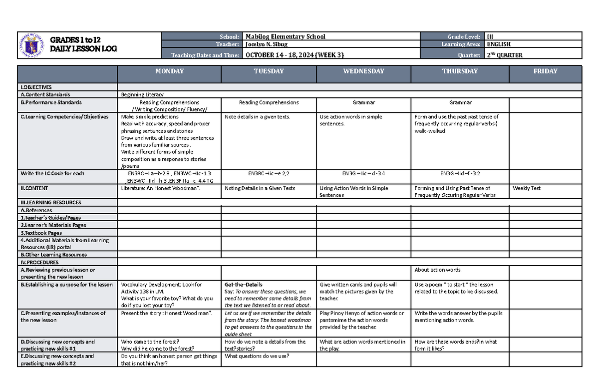 DLL English 3 Q2 W3 - cvn njfj fgn - GRADES 1 to 12 DAILY LESSON LOG ...