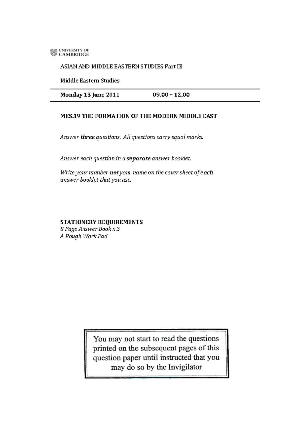 Exam 2011, questions - ASIAN AND MIDDLE EASTERN STUDIES Part IB Middle ...
