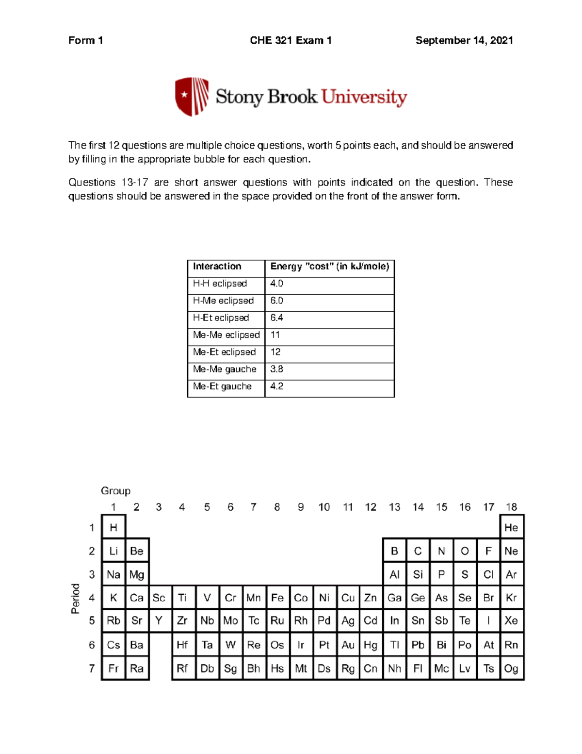 CHE321 Exam1 21 Form1 - The first 12 questions are multiple choice ...