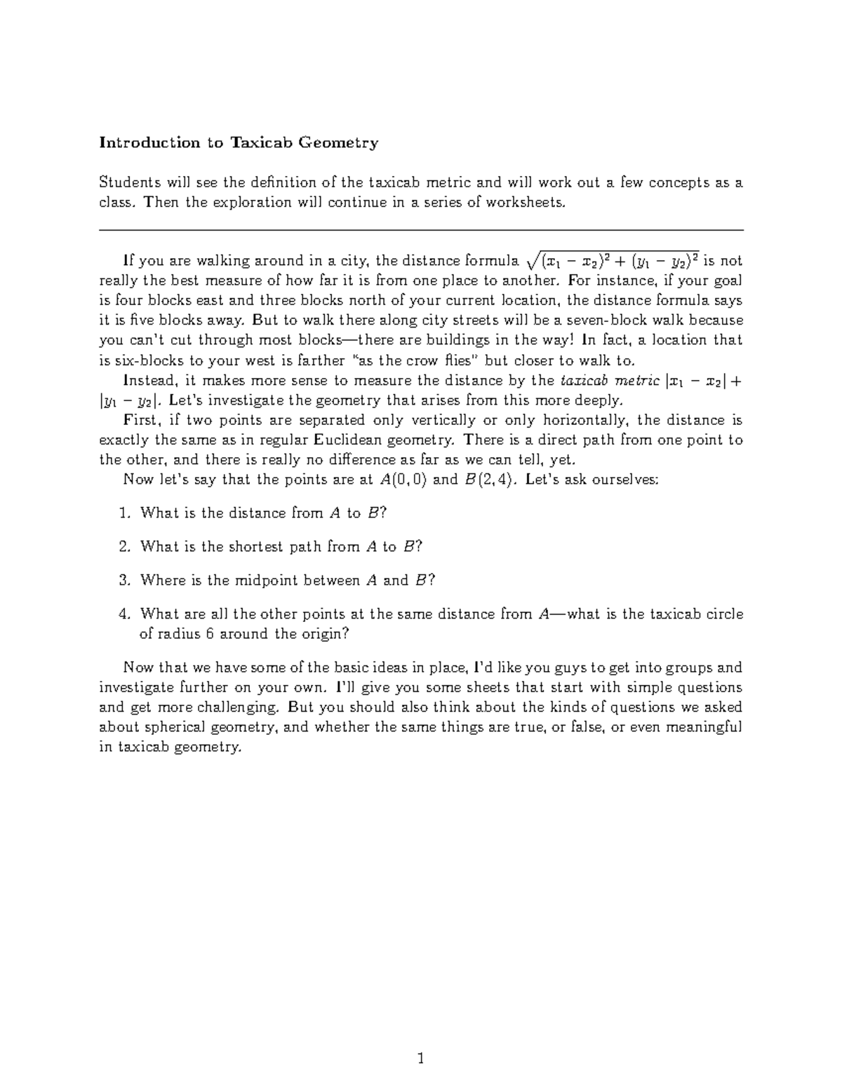 05 Intro to Taxicab Geometry - Introduction to Taxicab Geometry ...