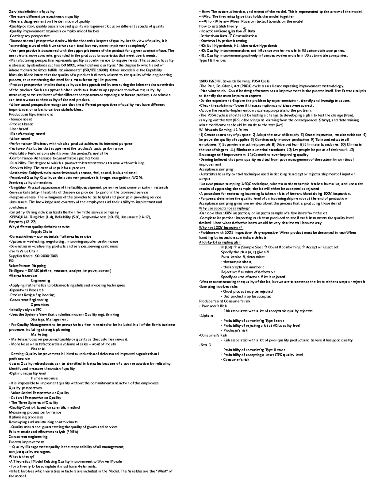 Exam 1 Cheat Sheet - Garvin’s definition of quality -There are ...