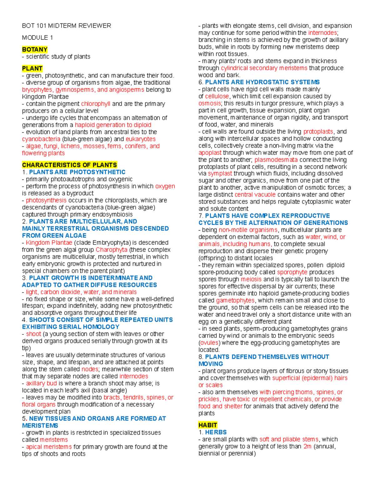 BOT 101 Midterm Reviewer 1 - BOT 101 MIDTERM REVIEWER MODULE 1 BOTANY scientific study of plants ...