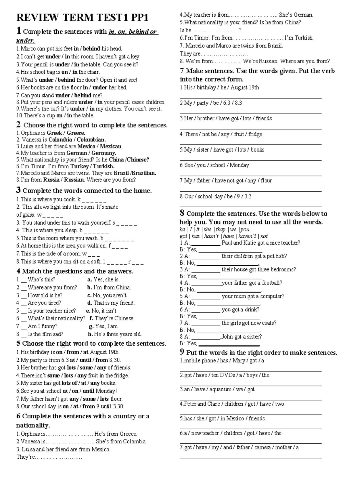 Review TERM TEST1 PP1 - English - REVIEW TERM TEST1 PP 1 Complete the ...